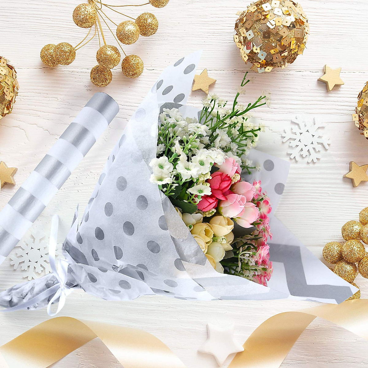 MIAHART 60 Pcs Silver White Tissue Paper Bulk 3 Style Decorative Metallic Wrapping Paper for Birthday Weddings Christmas Party Decoration, DIY Arts Crafts