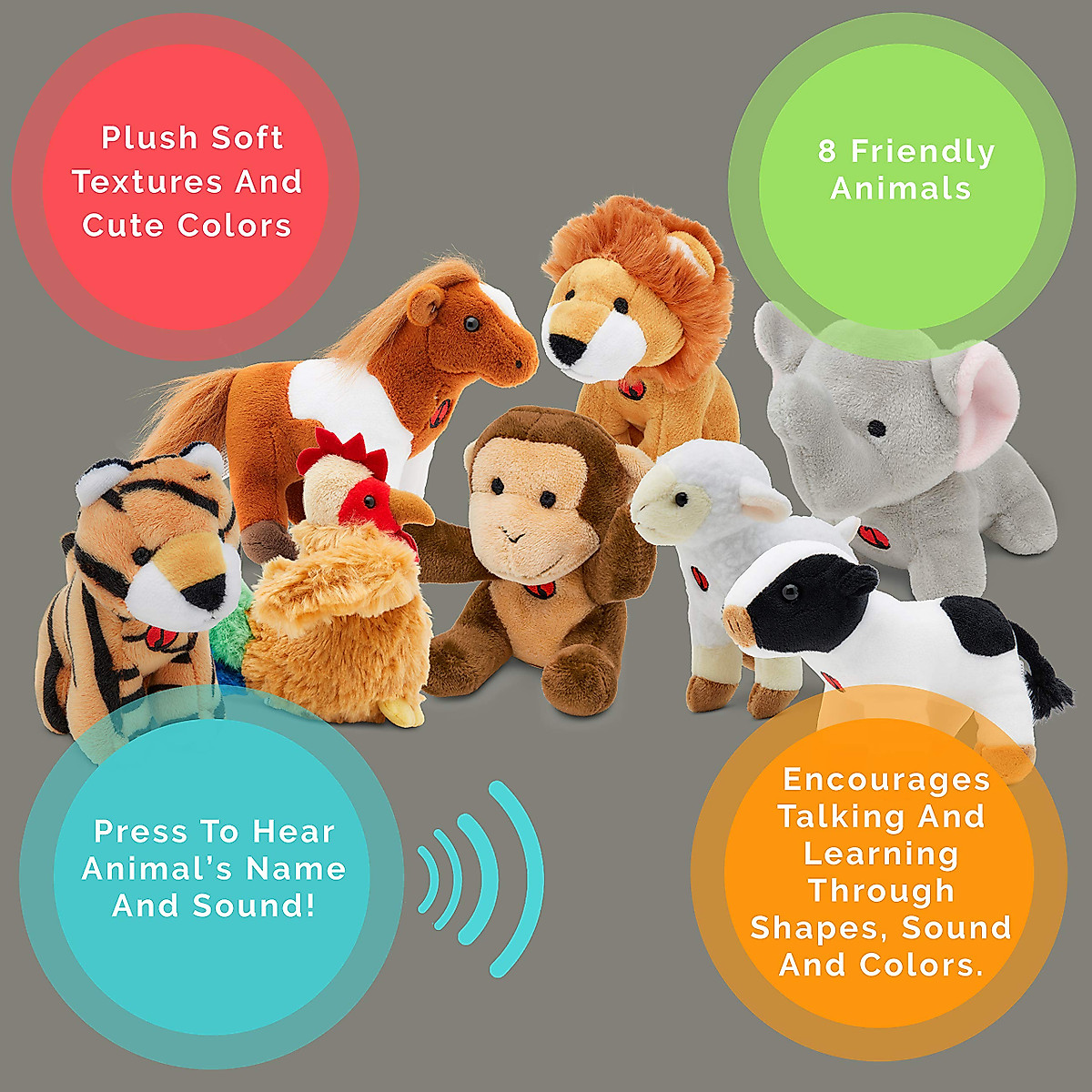 Talking Plush Animal Toys Set with Sound (Set of 8) | Jungle & Farm Talking Animals | Cow, Horse, Sheep, Rooster, Monkey, Lion, Tiger & Elephant Plush Toys for Boys & Girls