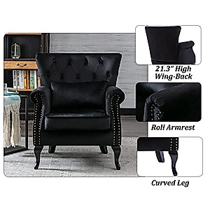 DM Furniture Mid Century Accent Chair Modern Button Tufted Armchair Club Chair Velvet Wingback Single Sofa Lounge Chair with Pillow for Living Room Bedroom, Black