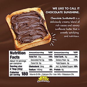 SunButter® Chocolate Sunflower Seed Butter (1 Jar | 16 oz) - Healthy, Low-Sugar, Protein-Packed Spread for Breakfast, Desserts, Snacks & More
