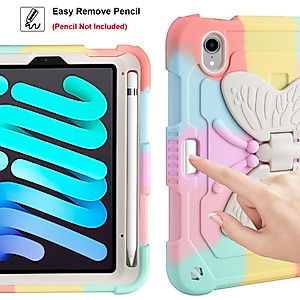 VOFUOE for iPad Mini 7 Case for iPad Mini 6 Case with Kickstand Butterfly Wings Pencil Holder, Heavy Duty Hard Rugged Cover for Kids Girls for iPad Mini 7th/ 6th Gen 2024 2021 8.3 Inch -Rainbow Pink