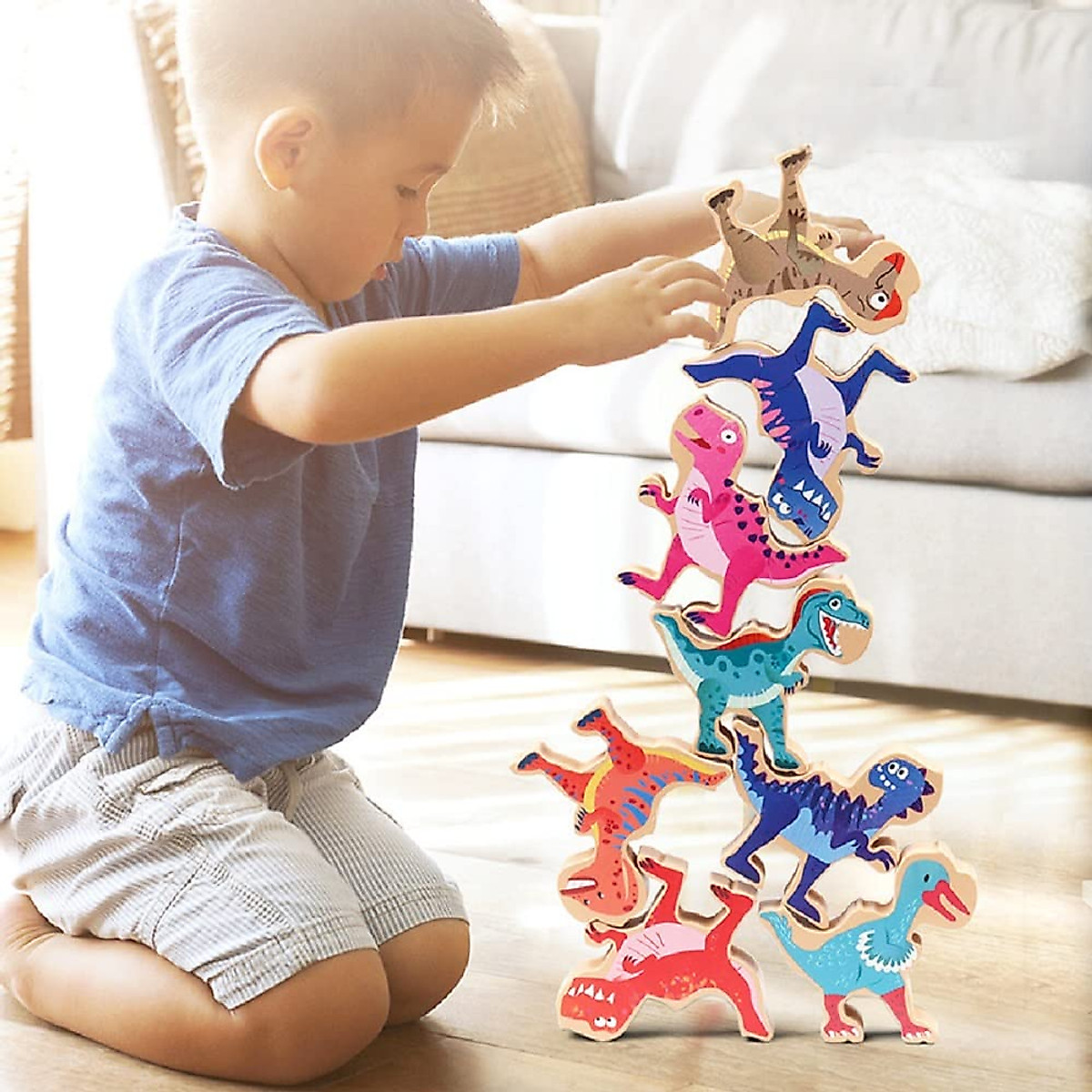 Dinosaur Stacking Toy Wooden Animal Puzzle Children's Dino Education Stacking Toy, Used in Children's Montessori Toys As Gifts for 3-7 Years Old Boys and Girls