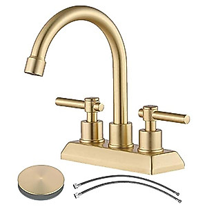 VESLA HOME Modern 2 Handle 4 Inch Centerset Brushed Gold Bathroom Faucet,Lavatory Swivel Spout Bathroom Sink Faucet with Water Supply Lines & Pop-up Drain