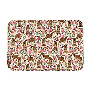Cute Cocker Spaniel Dog Flower Floral 3D Print Bath Mat for Bathroom Rugs Sets 3 Piece，U-Shaped Contour Shower Mat Non Slip Absorbent ,Flannel Fabric Toilet Lid Cover Washable ,Doormat Antiskid Pad
