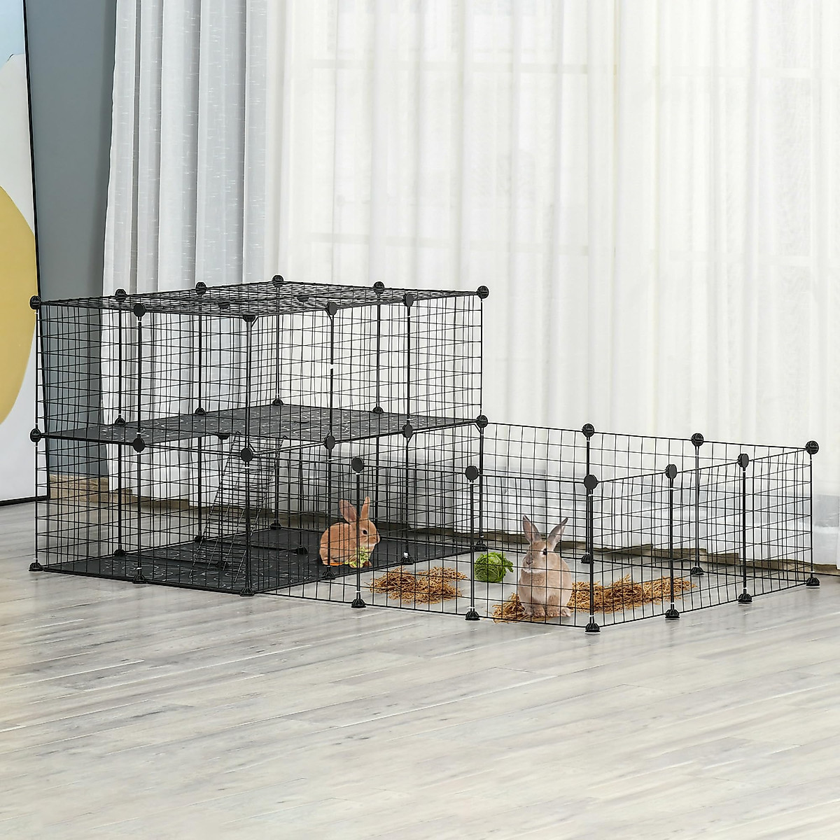 PawHut 47 Panels Pet Playpen, Small Animal Playpen with Doors, Portable Metal Wire Yard Bunny Pen for Guinea Pigs, Chinchillas, 14" x 14"
