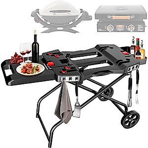Hisencn Portable Grill Cart with Wheel for Weber Q1200, Q1000, Q2200, Q2400, Q2000 Series, for Blackstone 17" 22" Table Top Griddles, Folding Cart, Outdoor Griddle Stand Shelf, Black