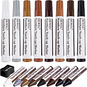 DEWEL Furniture Markers Touch Up, Upgrade Wood Furniture Repair Kit, Premium Wood Scratch Repair Markers and Wax Sticks for Wood Stains Scratches Hardwood Wooden Floor Tables, Set of 17