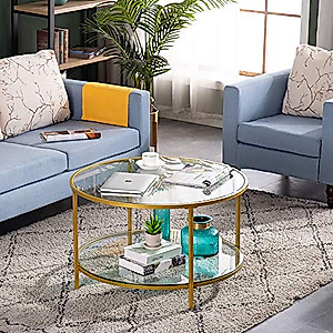 Bonnlo 31.5" Round Coffee Table with Open Storage Shelf,2-Tier Temperred Glass Round Accent Coffee Table with Metal Frame, Mustard Gold