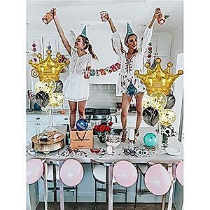 Black Gold Crown Balloon Stand Kit For Table 2 Set with 2 Gold Crown Balloons 9 Gold Confetti 4 Black Marble Balloons, Great for Bachelorette Wedding Baby Shower Queen Birthday Party Decorations