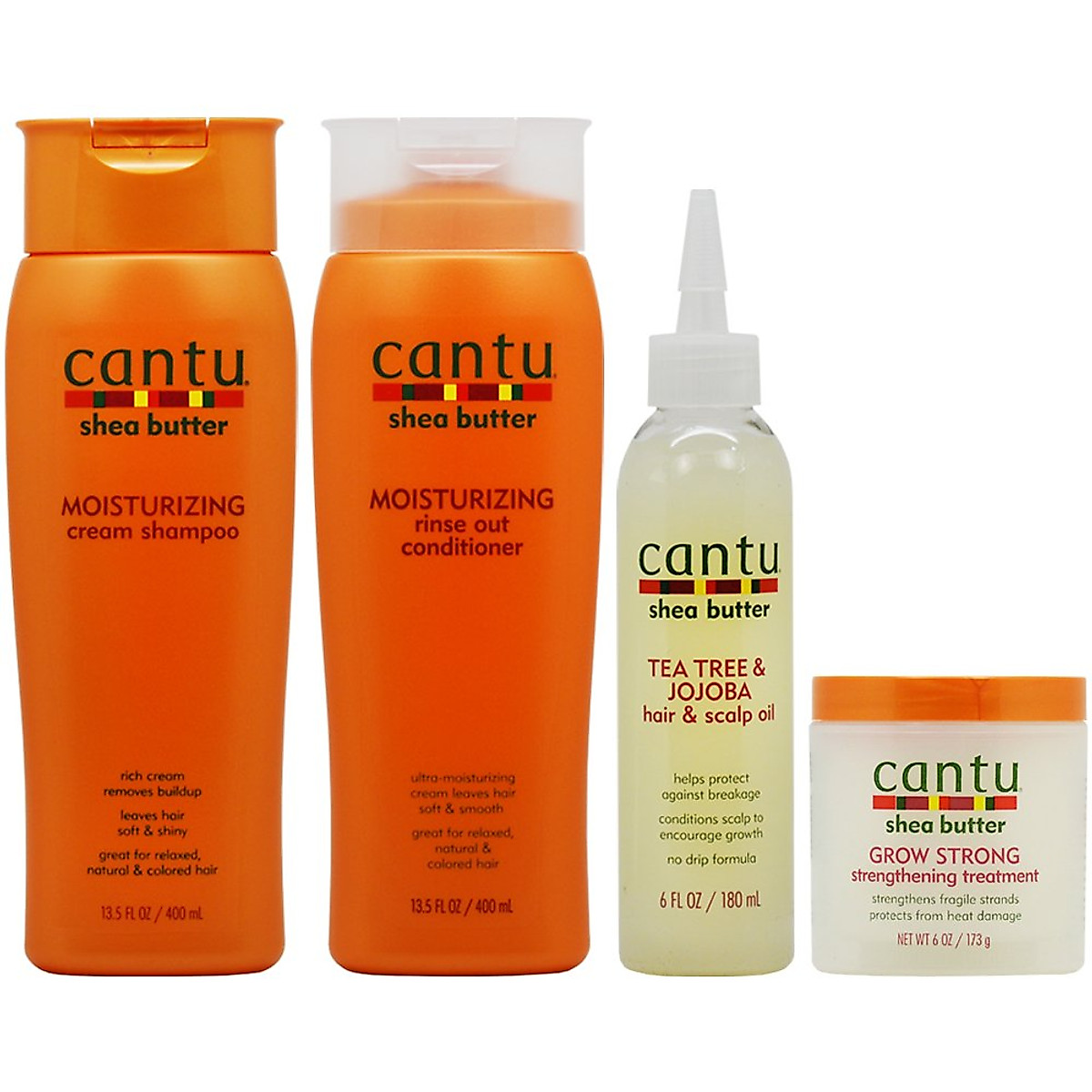 Cantu Moisturizing Shampoo + Rinse + Tea Tree Oil + Grow Strong Treatment "Set"