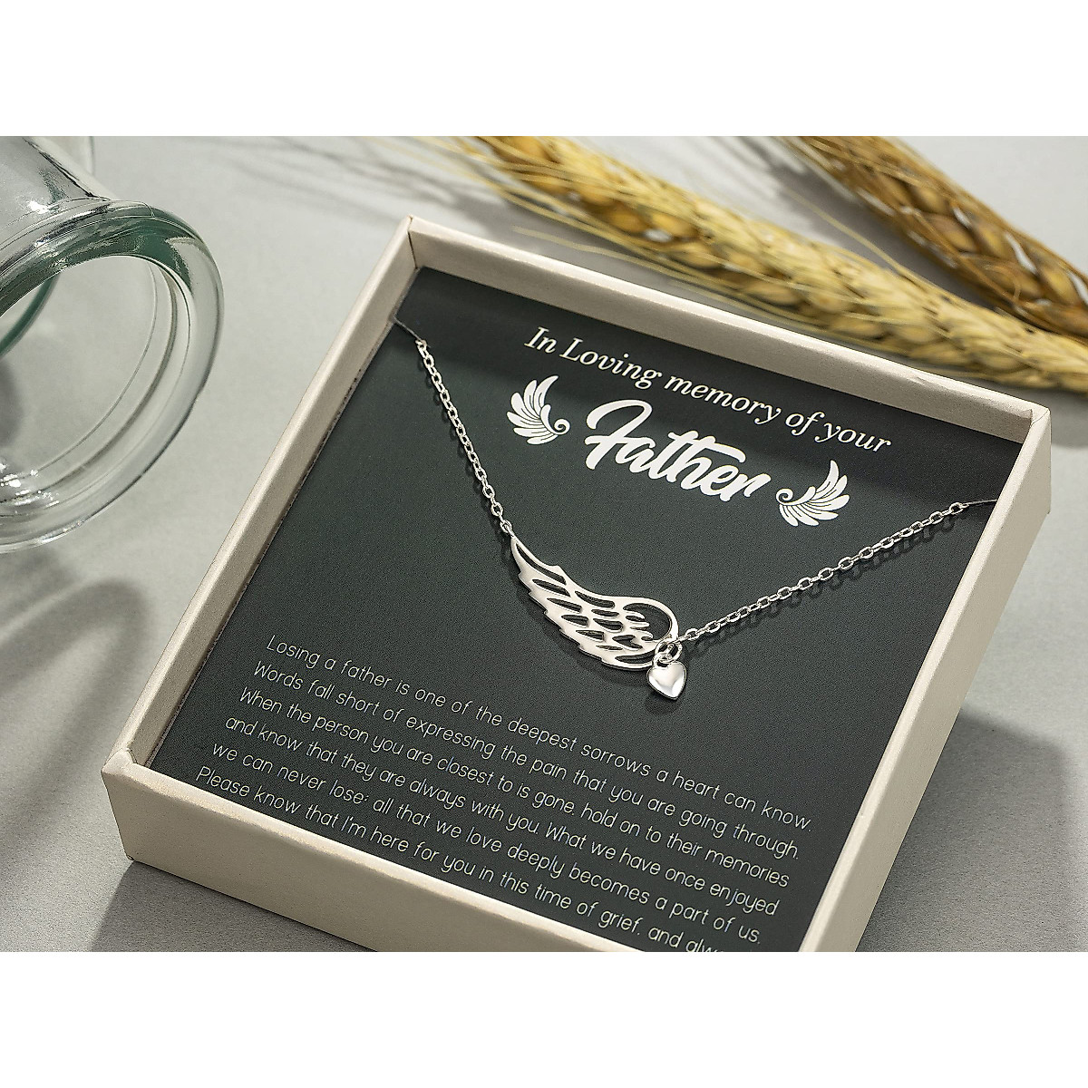 RareLove Sympathy Gifts for Loss of Father,Bereavement Condolence Gifts,Remembrance Gifts,925 Sterling Silver Angel Wing Heart Pendant Necklace,Sorry for Your Loss Gift Memorial Gifts