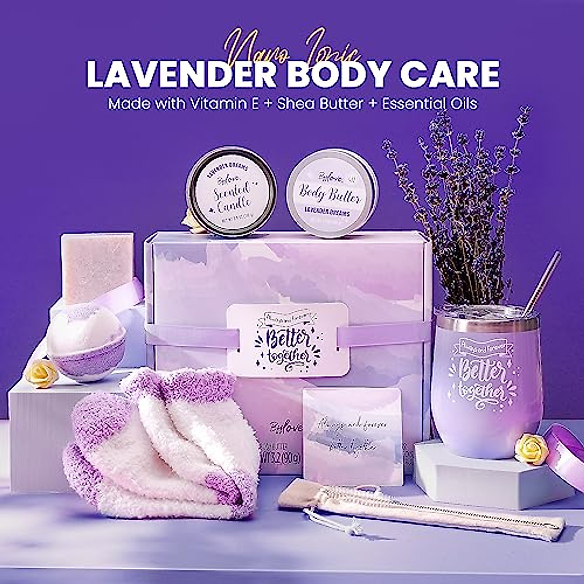 Get Well Soon Gift Sets for Women | Self Care & Stress Relief & Thank You | Deluxe Lavender Gift Basket Care Package | Tumbler, Socks, Soap, Candle, Body Butter, Bath Salts