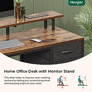 Huuger 55 inch Computer Desk with 4 Drawers, Gaming Desk with LED Lights & Power Outlets, Home Office Desk with Large Storage Space for Bedroom, Work from Home, Rustic Brown