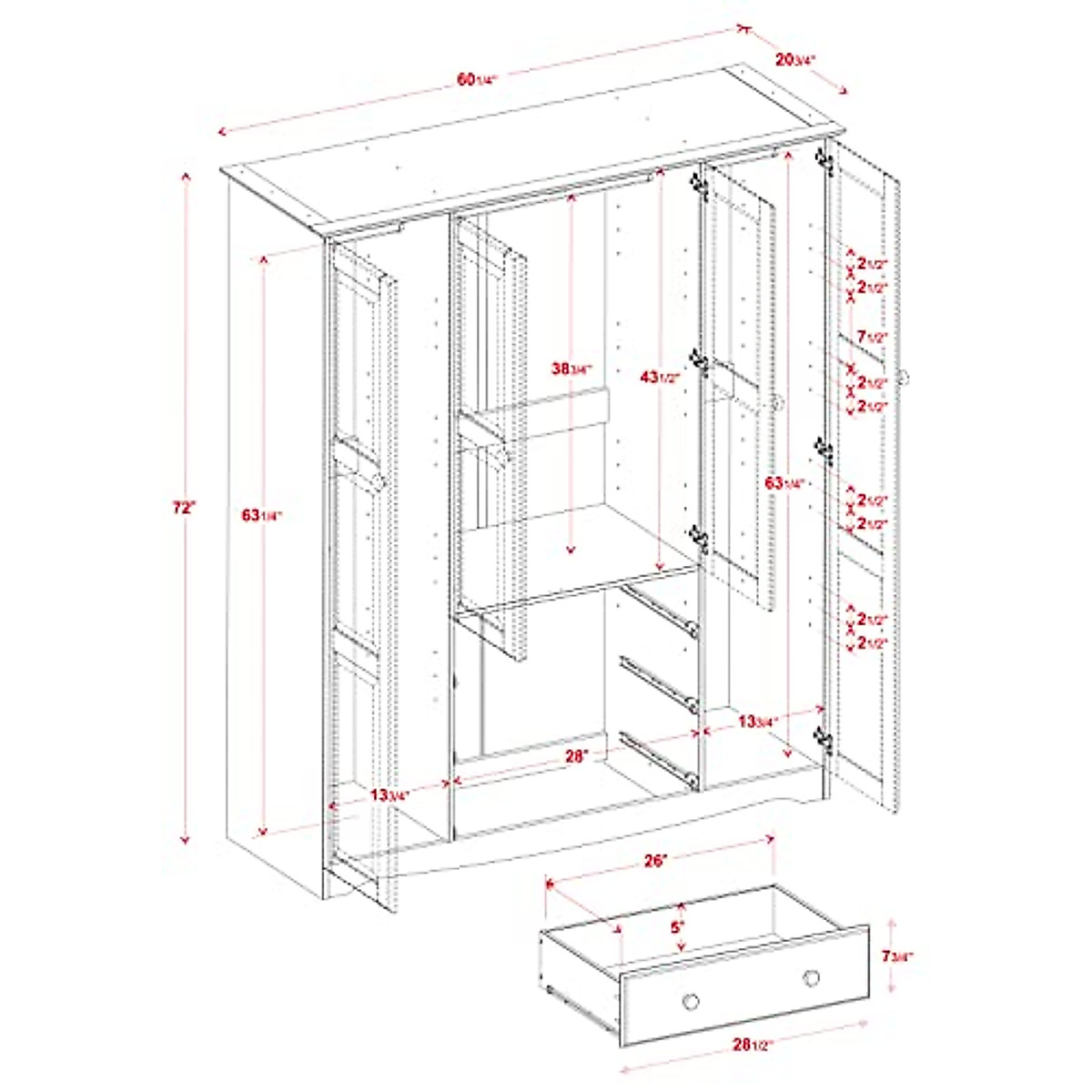 Palace Imports 100% Solid Wood Family Wardrobe/Armoire/Closet, White. 3 Clothing Rods Included. NO Shelves Included. Optional Shelves Sold Separately. 60.25" w x 72" h x 20.75" d