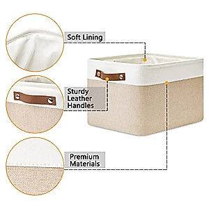 DULLEMELO Fabric Storage Bins for Laundry, Home, Foldable Storage Baskets for Shelves, Toys, Collapsible Storage Bins for Office, Closet,Bedroom(White&Khaki,15"x11"x9.5",4-Pack)
