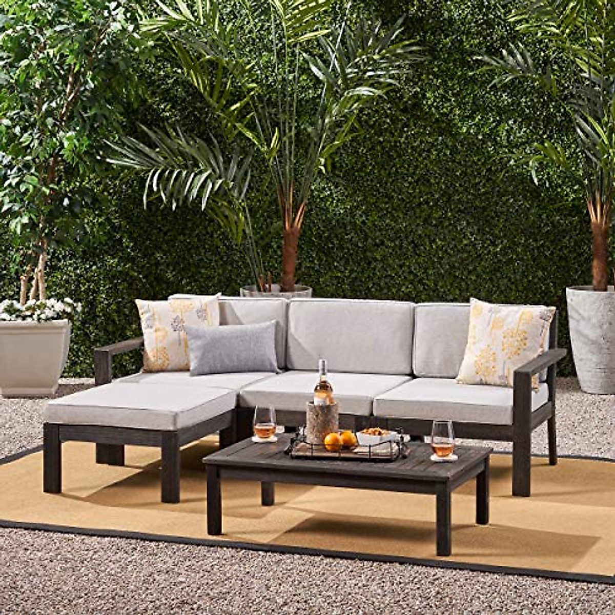 Great Deal Furniture Makayla Ana Outdoor 3 Seater Acacia Wood Sofa Sectional with Cushions, Dark Gray and Light Gray