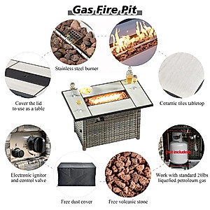 HOOOWOOO Outdoor Patio Sectional Furniture Sofa Set with Propane Fire Pit Table,13 Piece Large Modern Wicker Couch with Widened Armrest,Modular L Shaped Conversation Seating Set(Grey Strip)