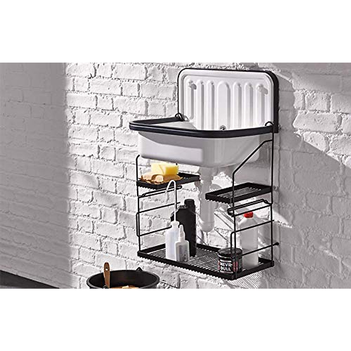 Alape Bucket Sink Wall Mounted Small Service Sink Glazed Steel Utility Sink, With Overflow, Dark Black Trim