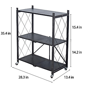 Jurbnlp 3-Tier Multipurpose Folding Shelf Storage Shelves Heavy Duty Foldable Metal Shelving Units Racks with Lockable Wheels No Assembly Required Great for Kitchen and Garage Shelf Black