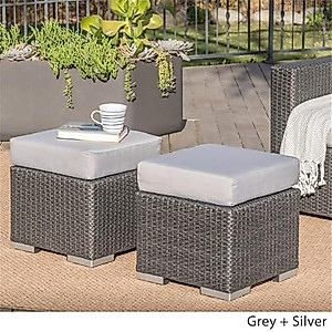 GDFStudio Outdoor 16 Inch Grey Wicker Ottoman Seat with Silver Water Resistant Cushion (Set of 2)