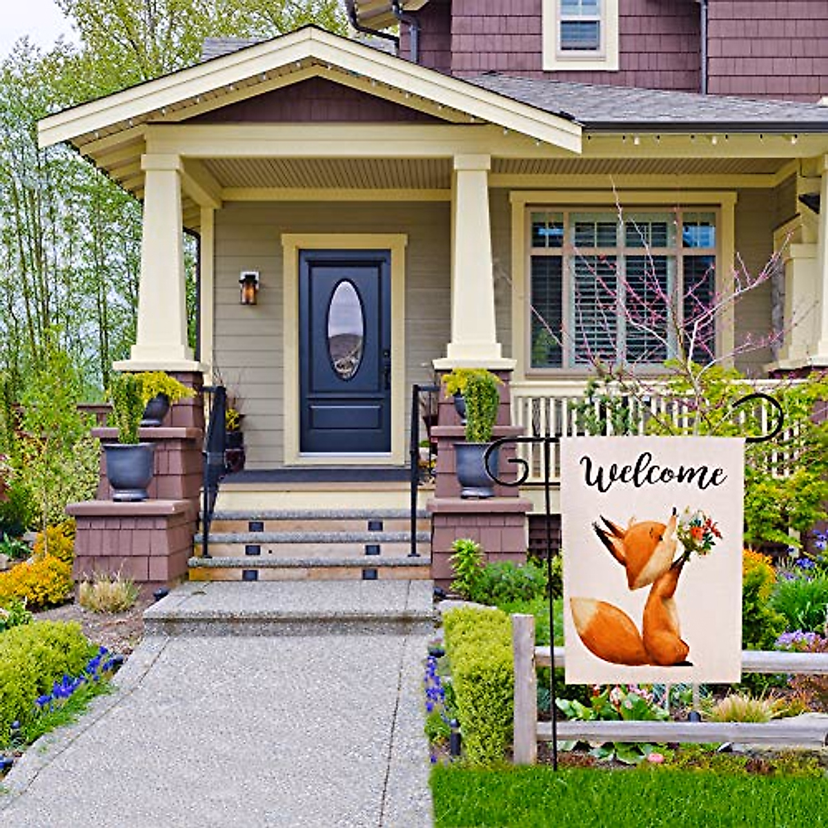 Welcome Garden Flag Cute Little Fox with Floral Bouqet Double Sided Decorative Small Yard Decor Flags 12 X 18 Inch