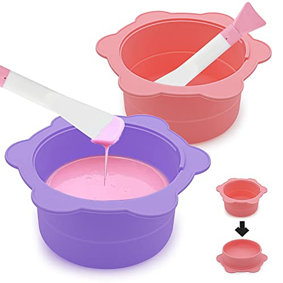 Winceed 2pcs Silicone Wax Warmer Bowl, Reusable Wax Warmer Silicone Liner with 2pcs Spatulas, Wax Pot Silicone Bowl Replacement Fit for 16oz Waxing Kit (Purple+Pink)