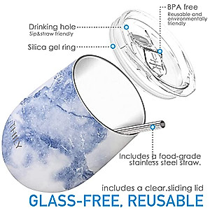 THILY Stainless Steel Insulated Wine Tumblers 12 oz Cute Travel Stemless Glasses with Sliding Lids and Metal Straws, Keep Hot or Cold for Wine, Coffee, Juice, 2 Pack(Gold Marble + Blue Marble)