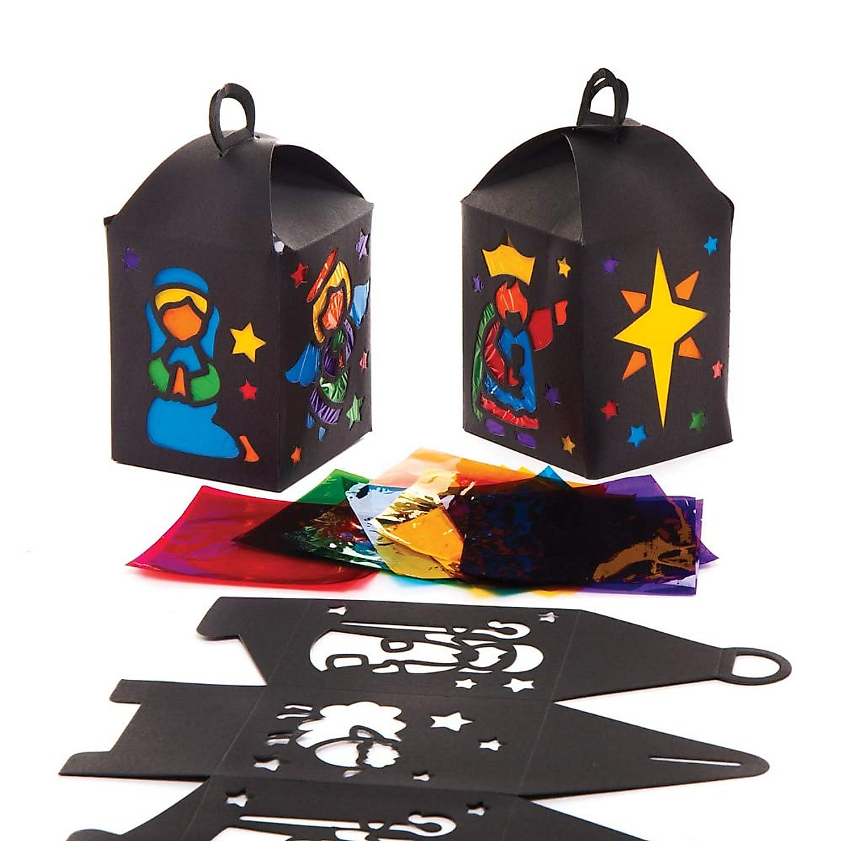 Baker Ross AT140 Nativity Stained Glass Lantern Kits - Pack of 4, Papercrafts for Kids to Decorate and Display During The Christmas Season, Assorted