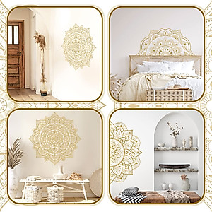 4 Pcs Half Mandala Wall Decal Boho Mandala Wall Sticker Hippie Mandala Vinyl Wall Decals Flower Wall Stickers Headboard Wall Decoration Indian Namaste Flower for Bedroom Living Room Yoga (Gold)