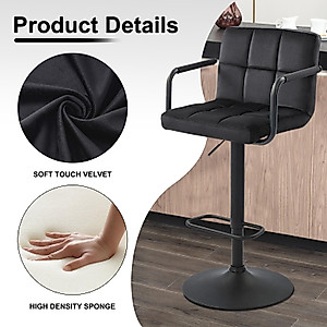 Furnimart Adjustable Bar Stool Swivel Barstools Set of 2 Counter Stools with Armrest and Footrest Upholstered Bar Chairs for Kitchen and Dining Room (Velvet-Black)