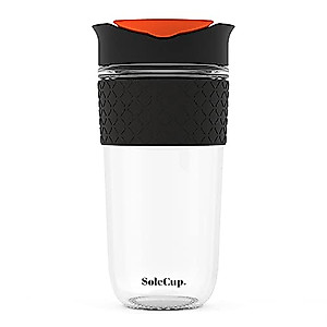 SoleCup. Large Travel Mug Loose Tea Infuser - Detachable Tea Strainer with Spill Proof Lid - 18oz/530ml BPA-Free Reusable Glass Travel Coffee Cup with Silicone Band (Black)