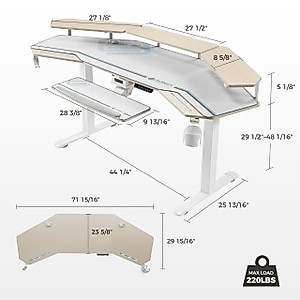 EUREKA ERGONOMIC Standing Desk with Keyboard Tray, Gaming Desk, Wing Shaped Sit Stand Desk 72'' Large Music Studio Desk, LED Convertible Shelves, Dual Motor&Slot, Maple, X-Large (ES71)
