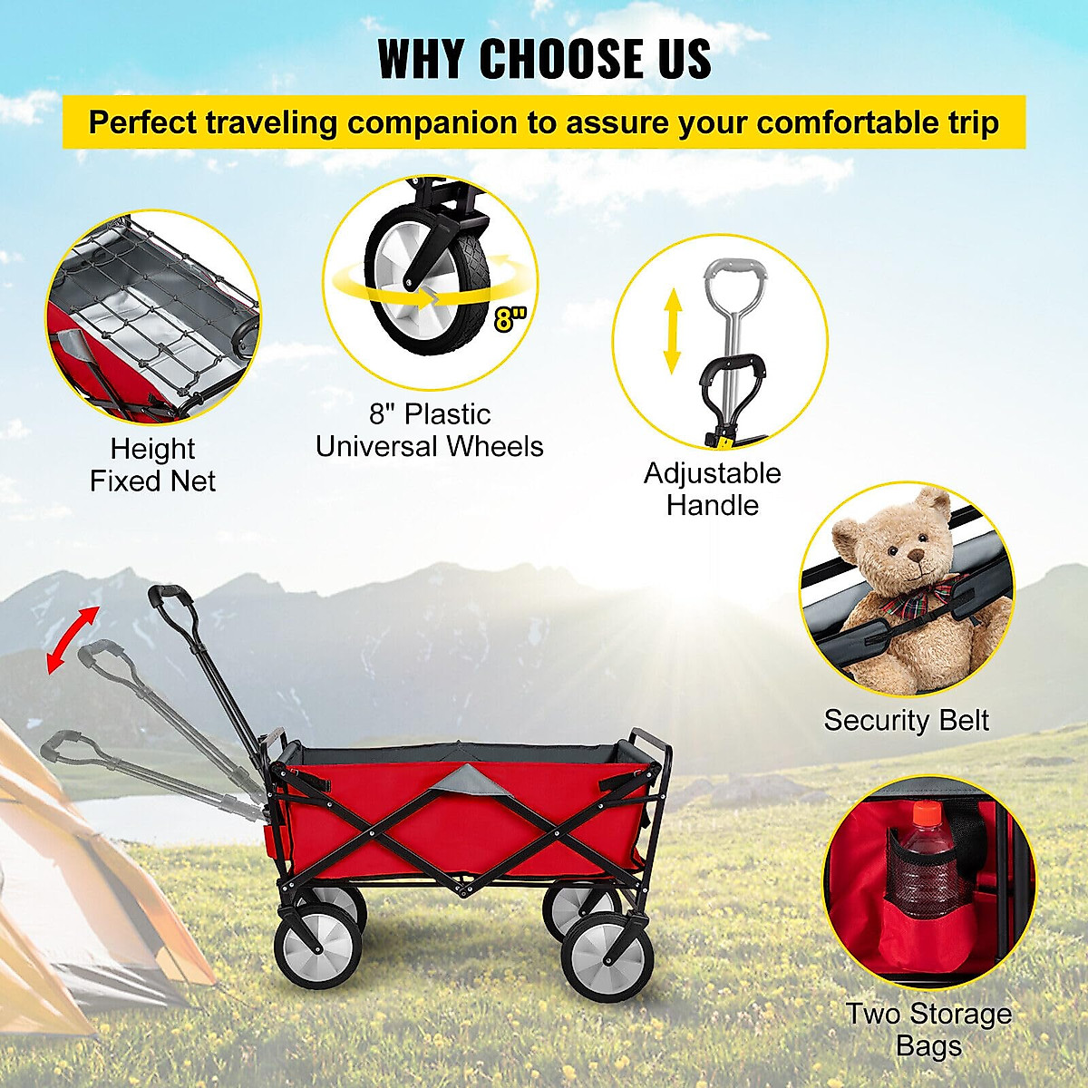 Folding Wagon Cart Heavy Duty Utility Collapsible 176 lb Garden Cart Large Storage Space Adjustable Handle Flexible All-Terrain Movement