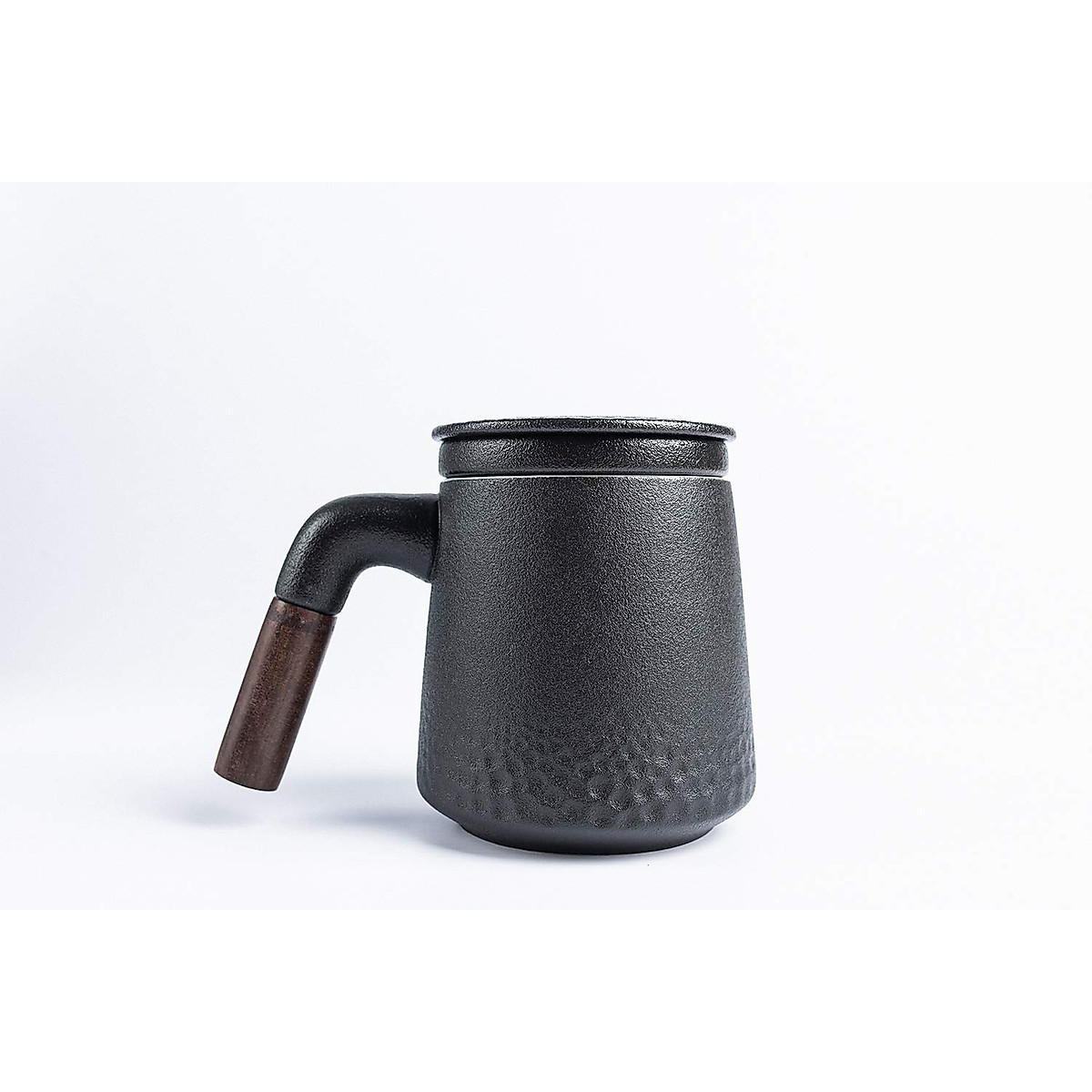 iHarbort Tea Cup with Sandalwood handle, 13 oz, Ceramic Tea Mug with Porcelain Infuser and Lid for Hot Tea or Coffee, Gift Set, 1-Pack (Matte Grey)