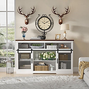TOLEAD Farmhouse TV Stand for 65 inch TV Farmhouse Entertainment Center with Sliding Barn Doors Console Storage Cabinet for Living Room, Bedroom White