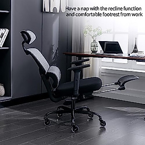 Ergonomic Office Chair with Foot Rest, Rubber Wheels Desk Chair with Lumbar Support, Adjustable Headrest & 3D Armrest, Mesh Computer Chair for Adults, Reclining Home Office Chair BlackGray