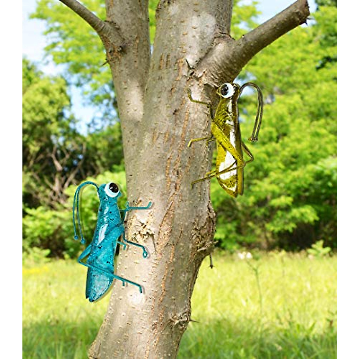 ShabbyDecor Metal Grasshopper Figurine Yard Art Locust Lawn Ornament Mantis Hanging Wall Sculpture Decoration Set of 2 ,Blue&Green