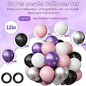 OuMuaMua Halloween Balloons Decorations, 60Pcs 12Inch Pink Black and White Balloons Metallic Purple Silver Latex Balloons for Kids Halloween Party Birthday Baby Shower Graduations Party Decorations