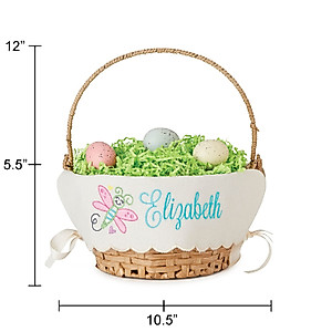 Dragonfly Personalized Easter Egg Basket with Handle and Custom Name | Scallop Edge Linen Easter Basket Liners | Tan Basket | Woven Easter Baskets for Kids | Customized Easter Basket