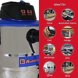 Koblenz WD-12 L314 SS Wet-Dry Vacuum, 12 Gallon Stainless 6.0HP, 1 7/8 x 7 Ft EVA Hose, Stainless+Blue 5 Year Warranty