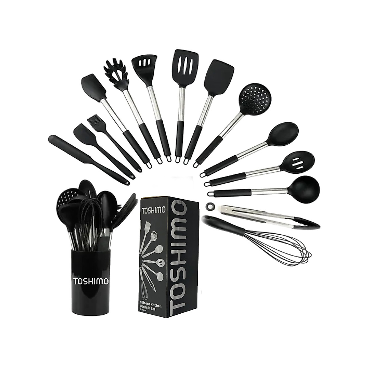 15 Pieces Silicone Kitchen Utensil Set with Holder | Non Slip Stainless Steel Cooking Tool |Spatulas, Spoon, Ladle, Pasta Server, Turner, Tongs, Whisk & More | Heat Resistant 446°F | BPA Free (Black)