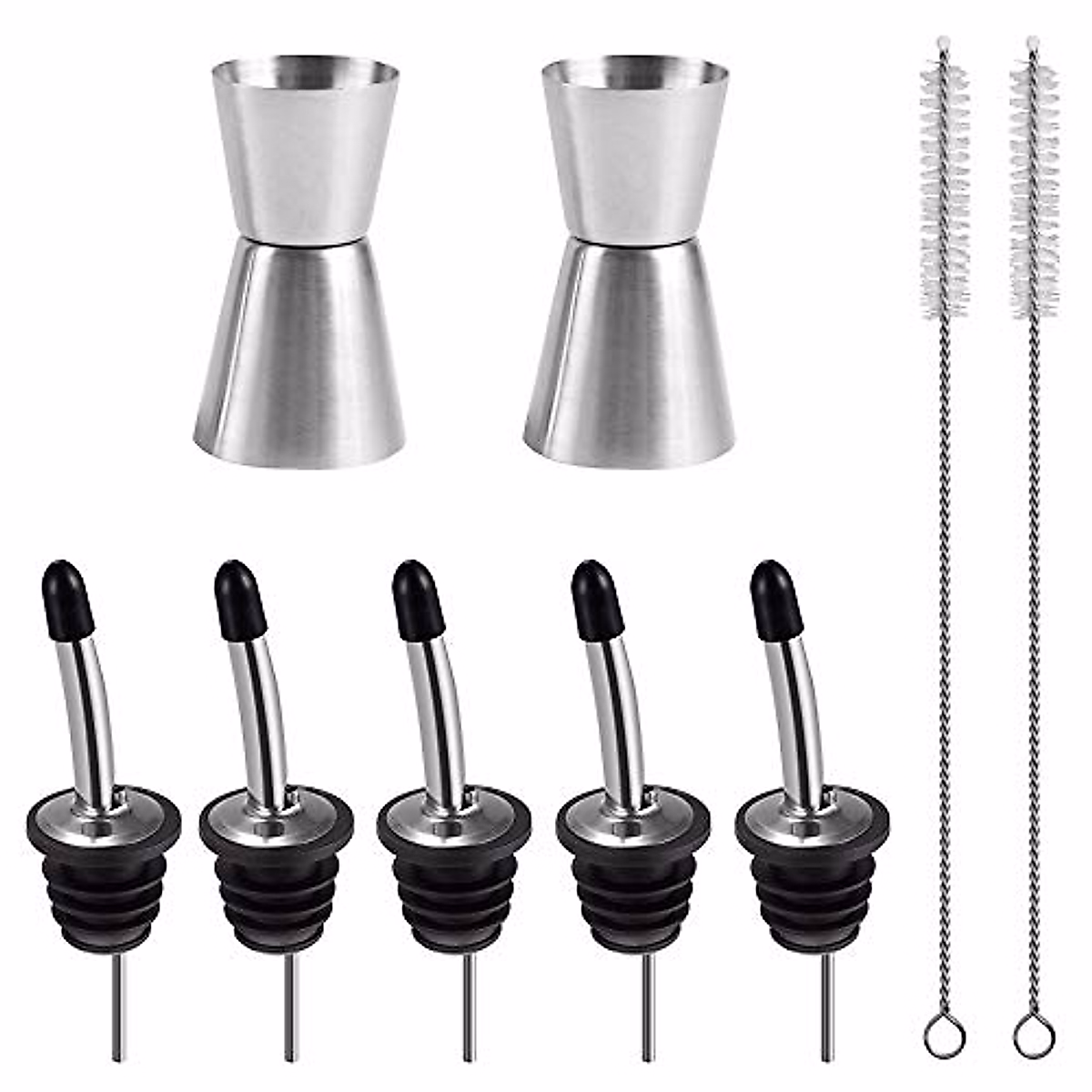 5 Pack Stainless Steel Liquor Pour Spouts Set & 2 Double Jiggers, SourceTon 5 Liquor Pour Spouts + 5 Dust Caps Covers + 2 Cleaning Brush + 2 Double Jiggers for cocktail making