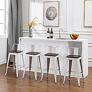 Yongqiang 24" Swivel Metal Bar Stools with Backs Counter Height Barstools Set of 4 Industrial Kitchen Dining Bar Chairs with Wooden Seat White