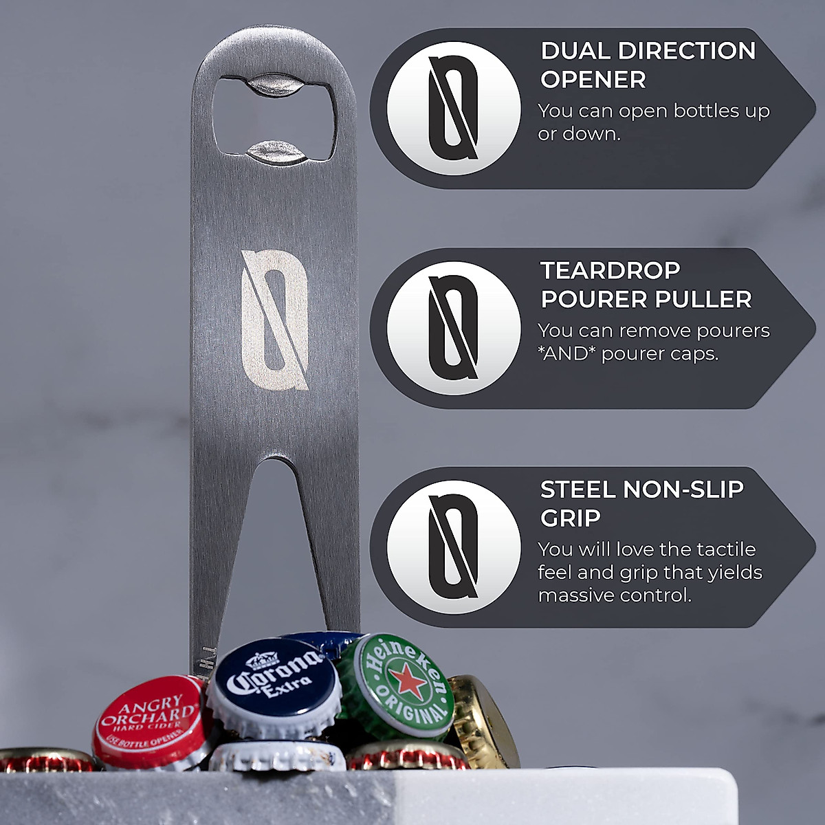 BAR NONE The Capstractor Key Pro | Bottle Cap Opener Bar Key Beer Speed Bartender Church Key, Stainless