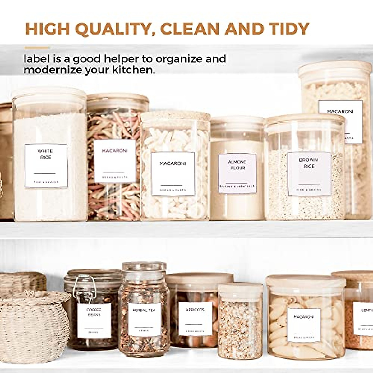 192 Kitchen Pantry Labels for Food Containers, Organize Pantry with Minimalist Preprinted Black Text on White Vinyl Stickers for Jars, Canisters and Storage Bins + Numbers for Pantry Organization