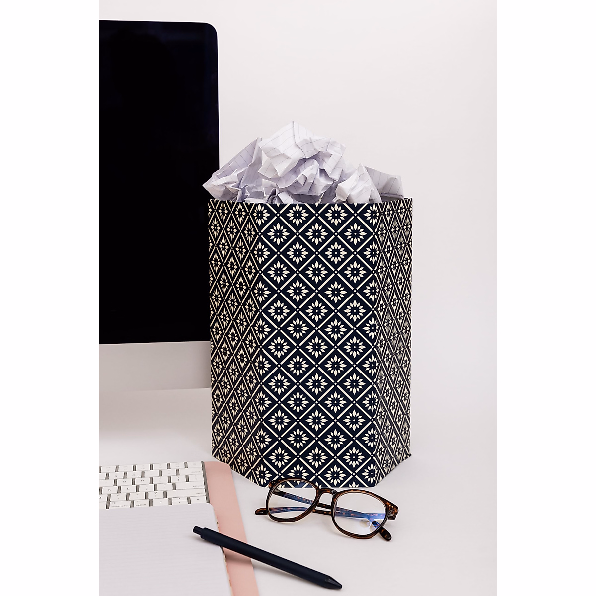 STEEL MILL AND CO. Open Waste Paper Bin Collapsible Office Trash Can, Waste Basket for Office, Bedroom, Bathroom, Trash Can, Garbage Bin, Recycling Container, Dustbin, Small, Geometric Navy