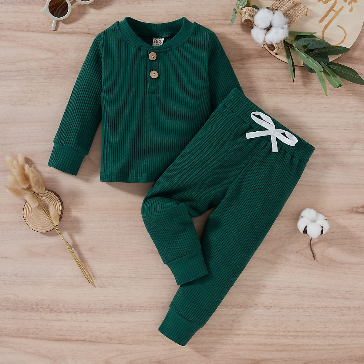 fhutpw Toddler Boy Fall Clothes 2T 3T 4T 5T Outfits Winter Long Sleeve Knitted Cotton Tops & Pants Sets Solid Color (A-Green, 2-3T)
