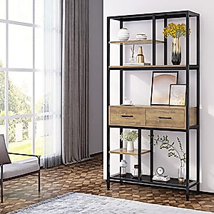 HITHOS Bookshelf, Tall Bookcase with 2 Drawers and Storage Shelves, Industrial Etagere Bookcase Book Shelves for Office, Living Room, Rustic Brown