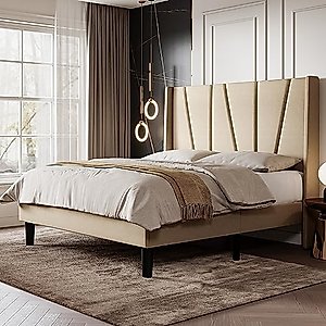 SHA CERLIN Queen Bed Frame, Upholstered Platform Bed with Geometric Headboard and Wingback, Wood Slat Support, No Box Spring Needed, Beige
