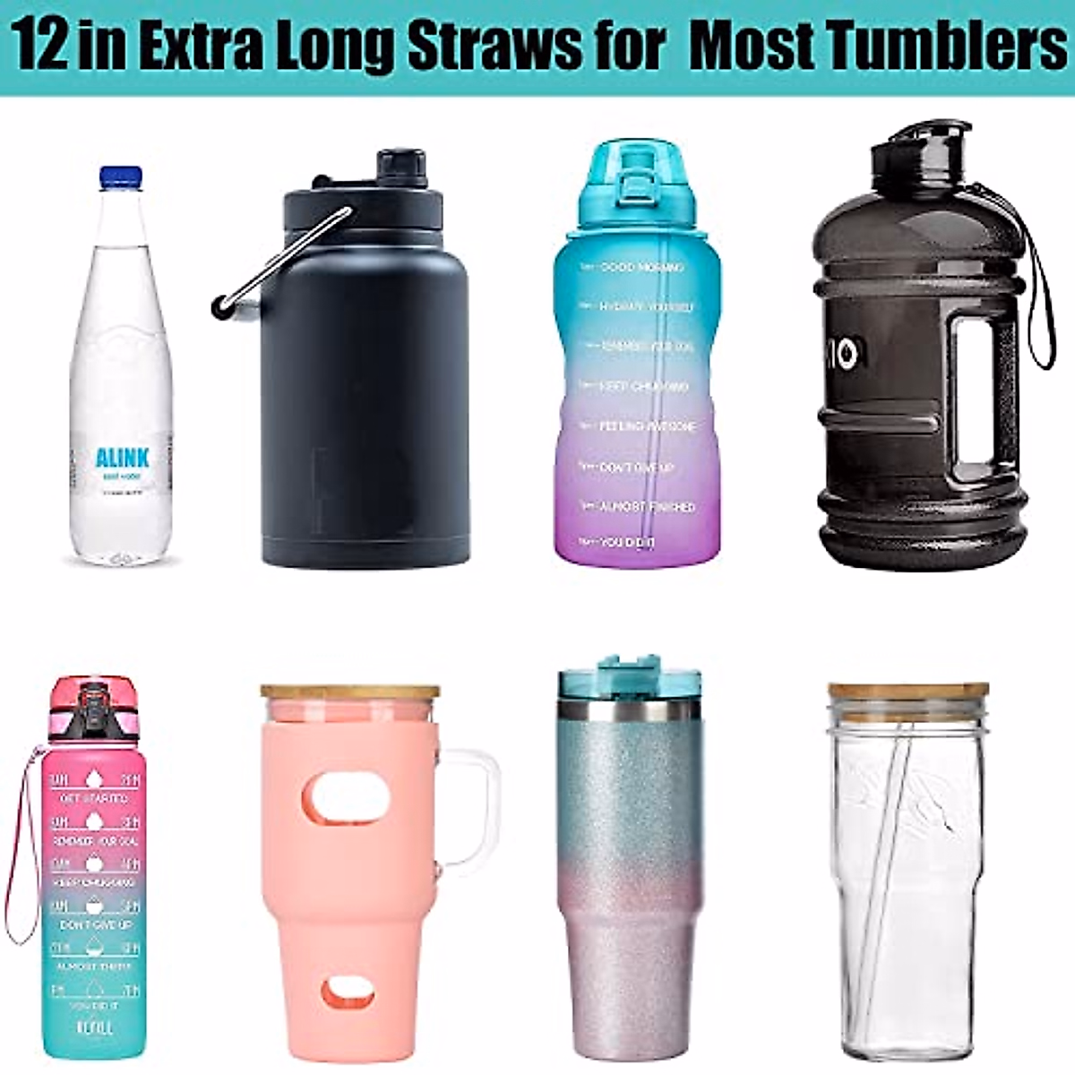 ALINK 8 Pack Replacement Glass Straws for Stanley 40 oz 30 oz Tumbler, 12 in Long Reusable Clear Straws for Stanley Cup Accessories, Half Gallon Bottle, Plus 2 Cleaning Brush